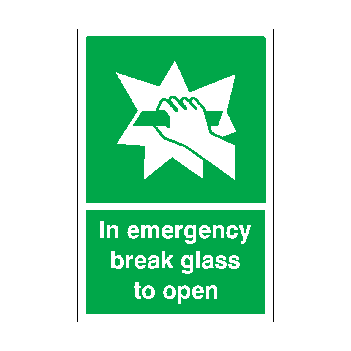 In Emergency Break Glass To Open Sign | Safety-Label.co.uk